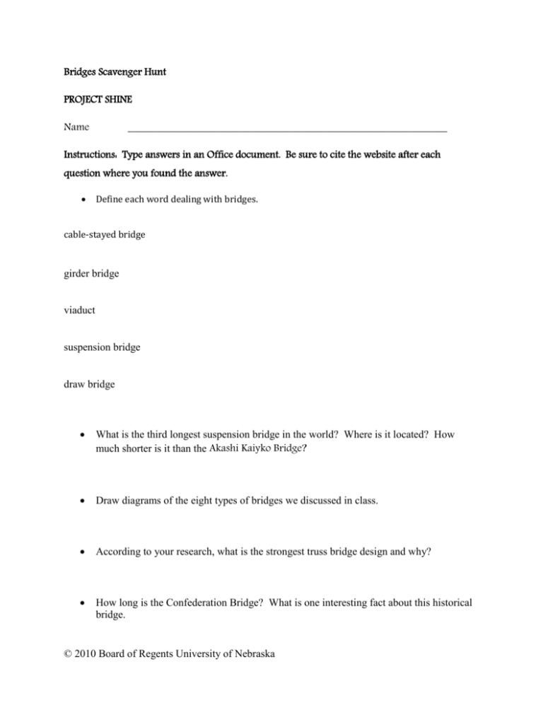 Bridges Scavenger Hunt: Engineering & History Worksheet