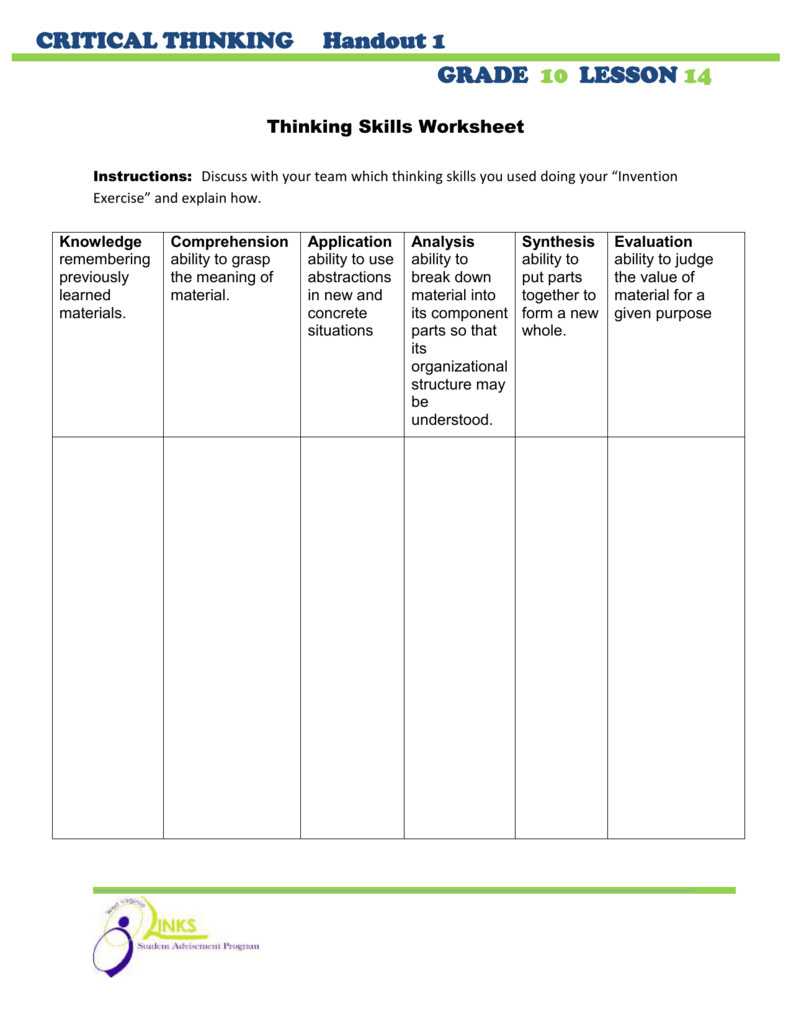 Critical Thinking Skills Worksheet Critical Thinking Skills Worksheet