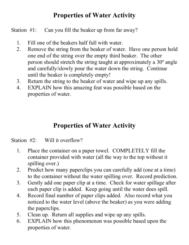 Properties Of Water Teacher Directions