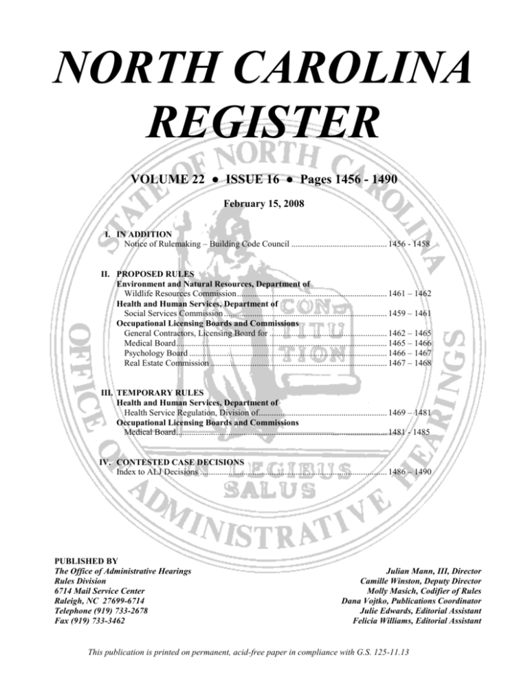 NORTH CAROLINA REGISTER BoilerPlate
