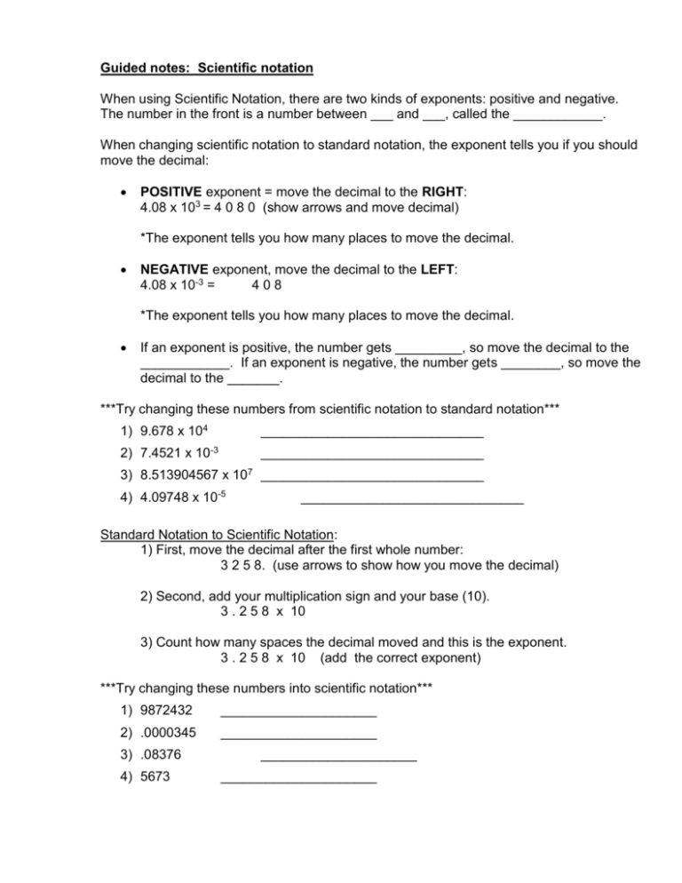 Guided Notes Scientific Notation