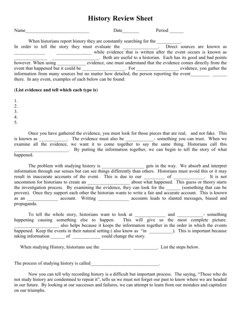 History Review Sheet History Review Sheet