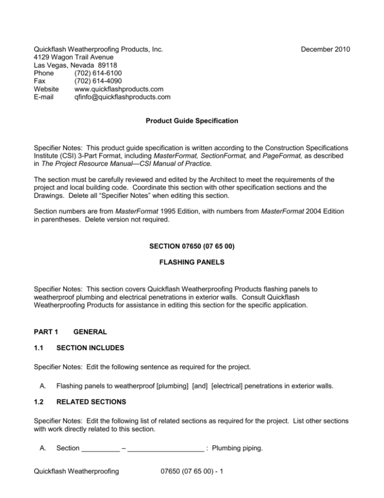 3-Part CSI Guide Specifications - Quickflash Weatherproofing