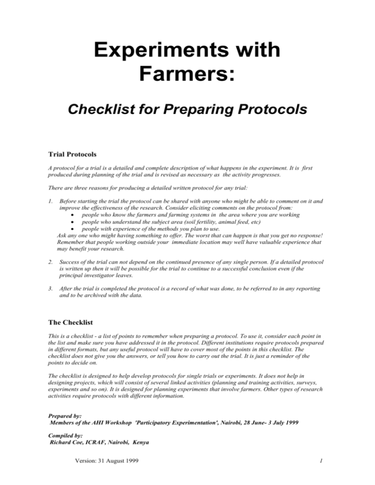 Checklist : Protocols for Experiments with Farmers