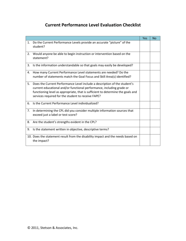 Present Level Of Educational Performance Checklist Of ions