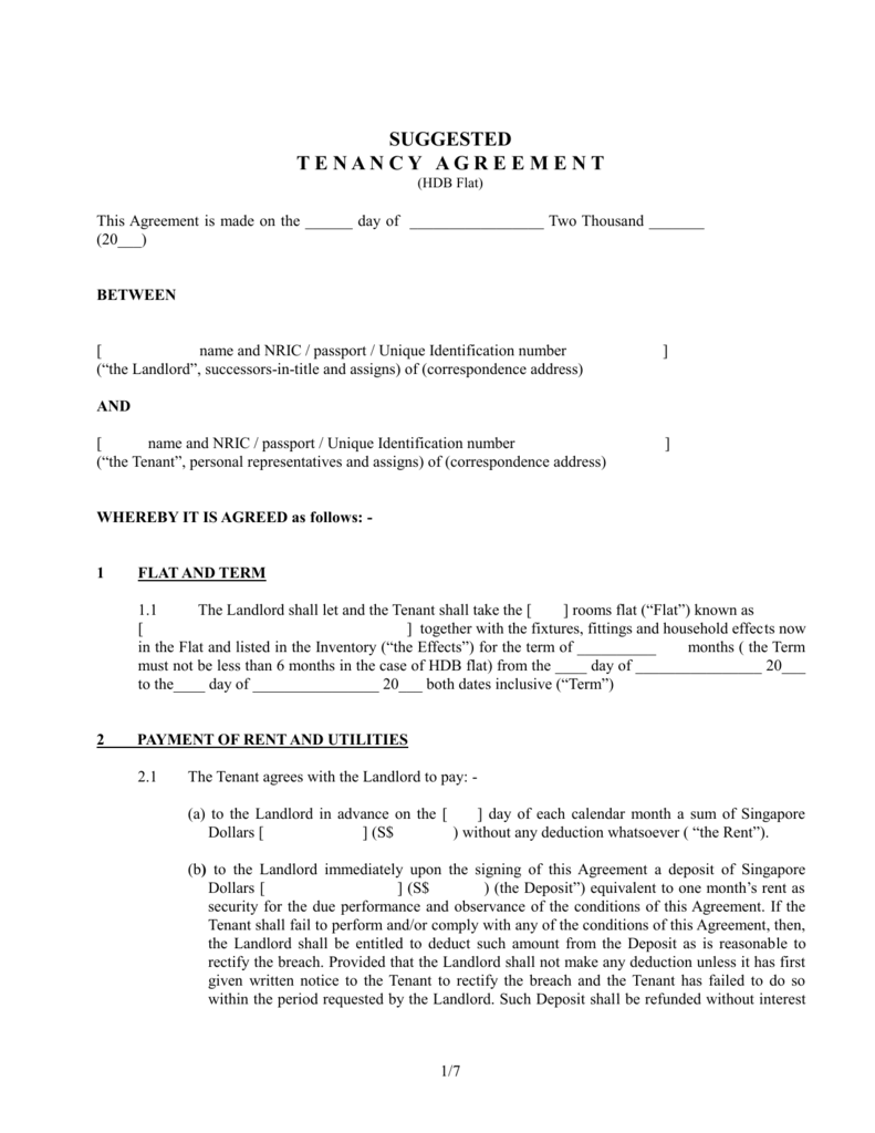 Tenancy Agreement Template Word Document Singapore Landlord Tenant 