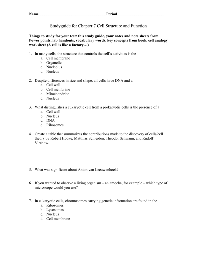 Chapter 7 Study Guide Cell Structure And Function Study Poster