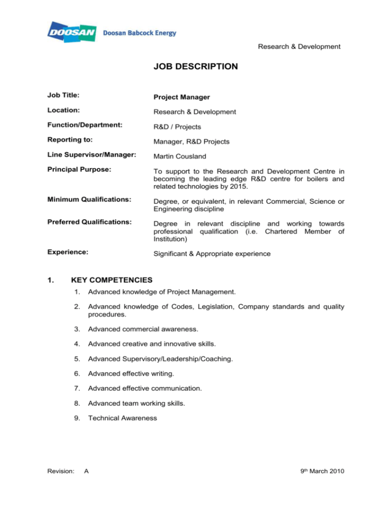 JOB DESCRIPTION COMPETENCY STANDARD