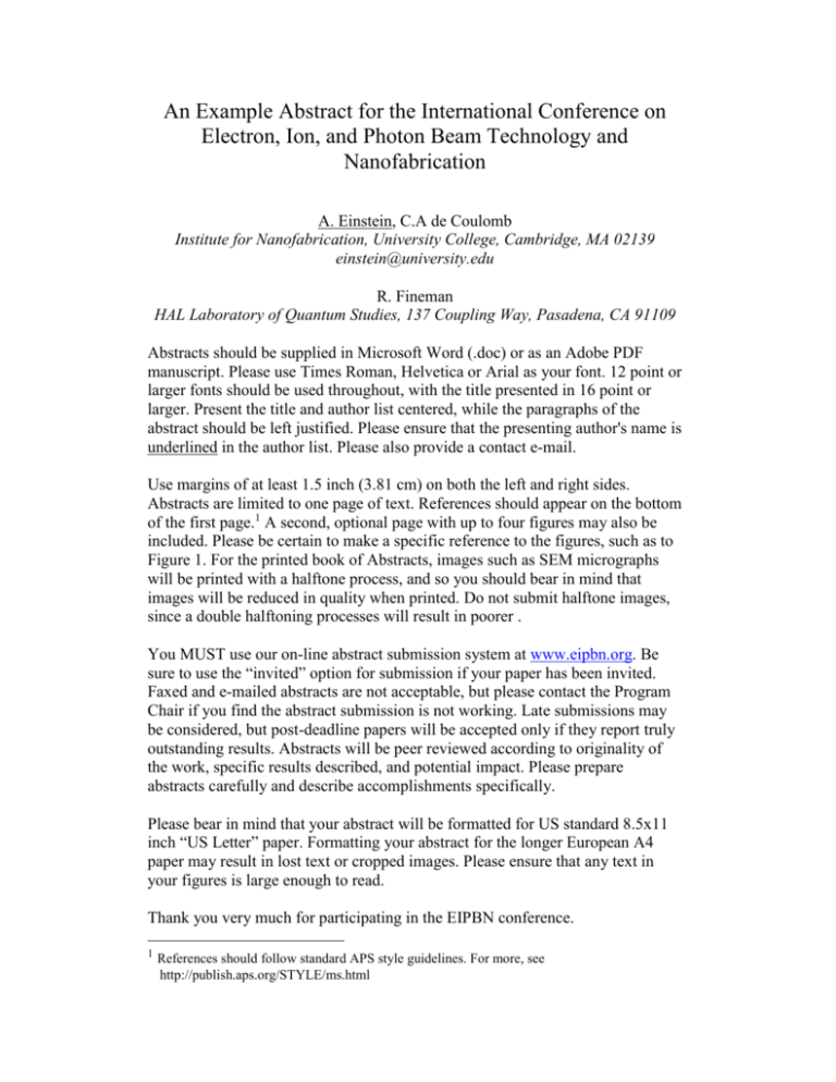 An Example Abstract For The International Conference On Electron