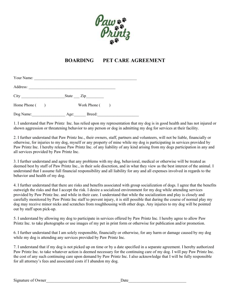 Boarding Pet Care Agreement 2014