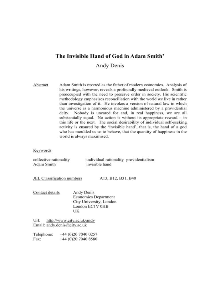 The Invisible Hand of God in Adam Smith