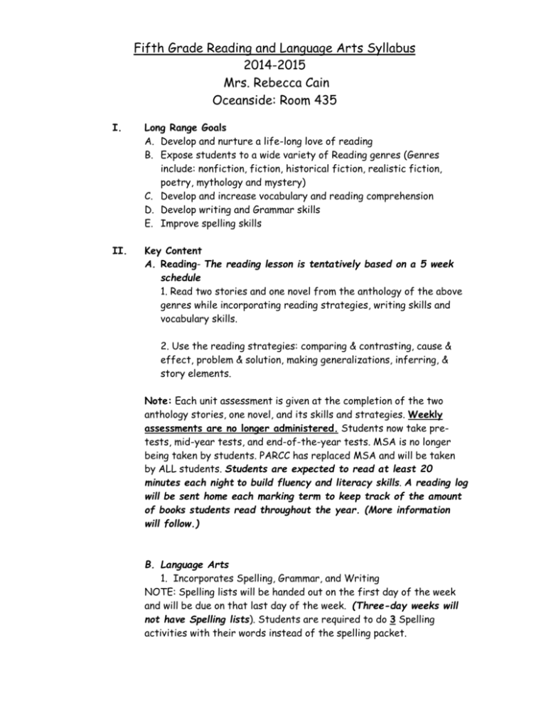 Fifth Grade Reading And Language Arts Syllabus