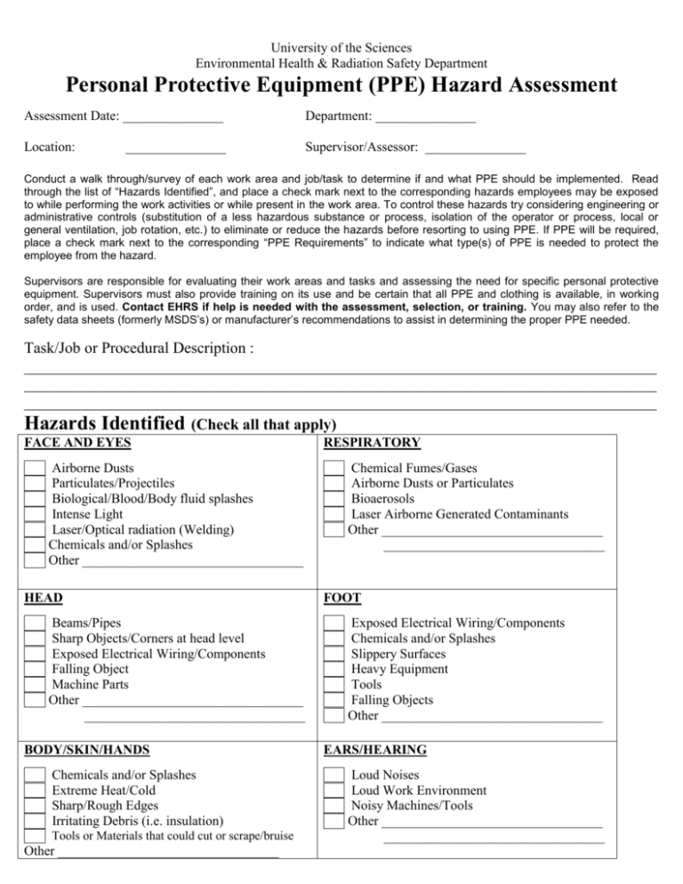 PPE Hazard Assessment Form University Sciences