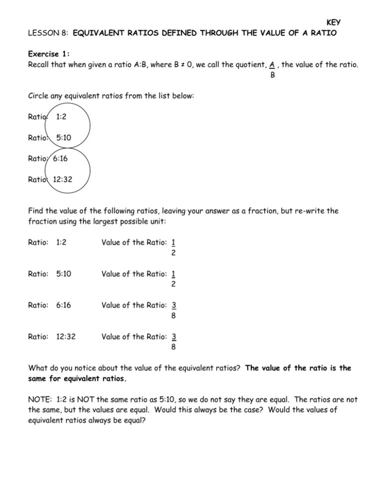 LESSON 8 EQUIVALENT RATIOS DEFINED THROUGH THE