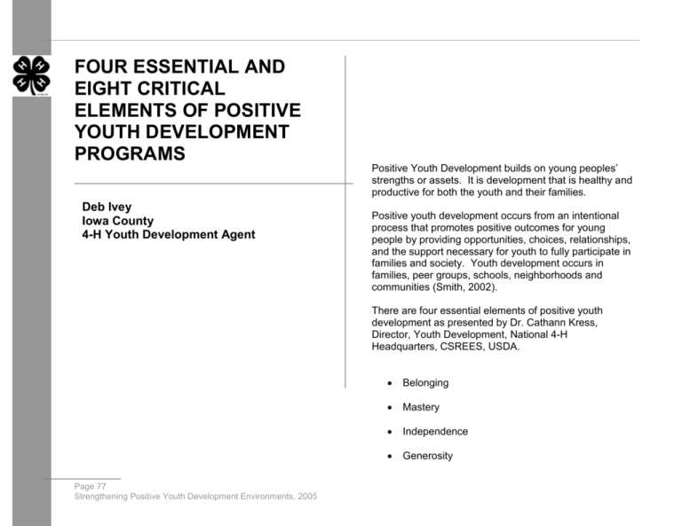 eight critical elements of positive youth development programs