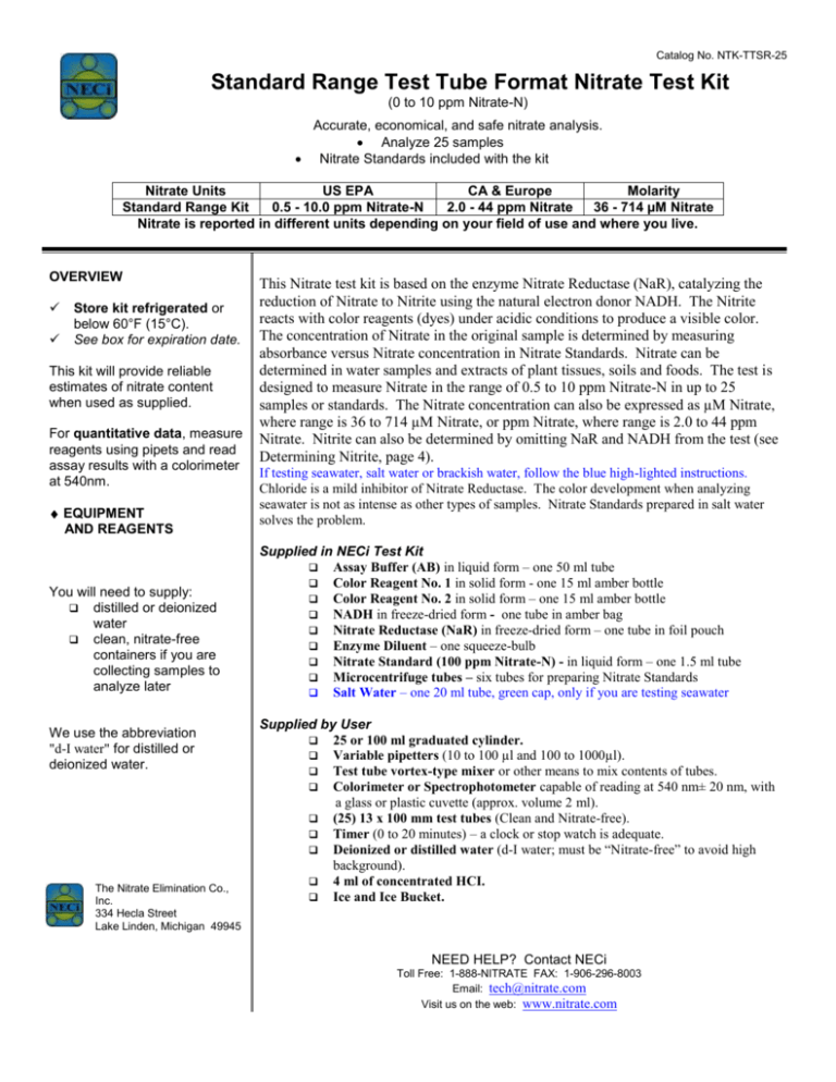 Standard Range Test Tube Format Nitrate Test Kit Instructions