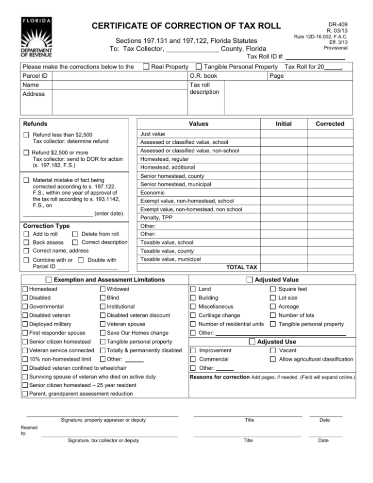 CERTIFICATE OF CORRECTION OF TAX ROLL CERTIFICATE OF CORRECTION OF TAX ROLL