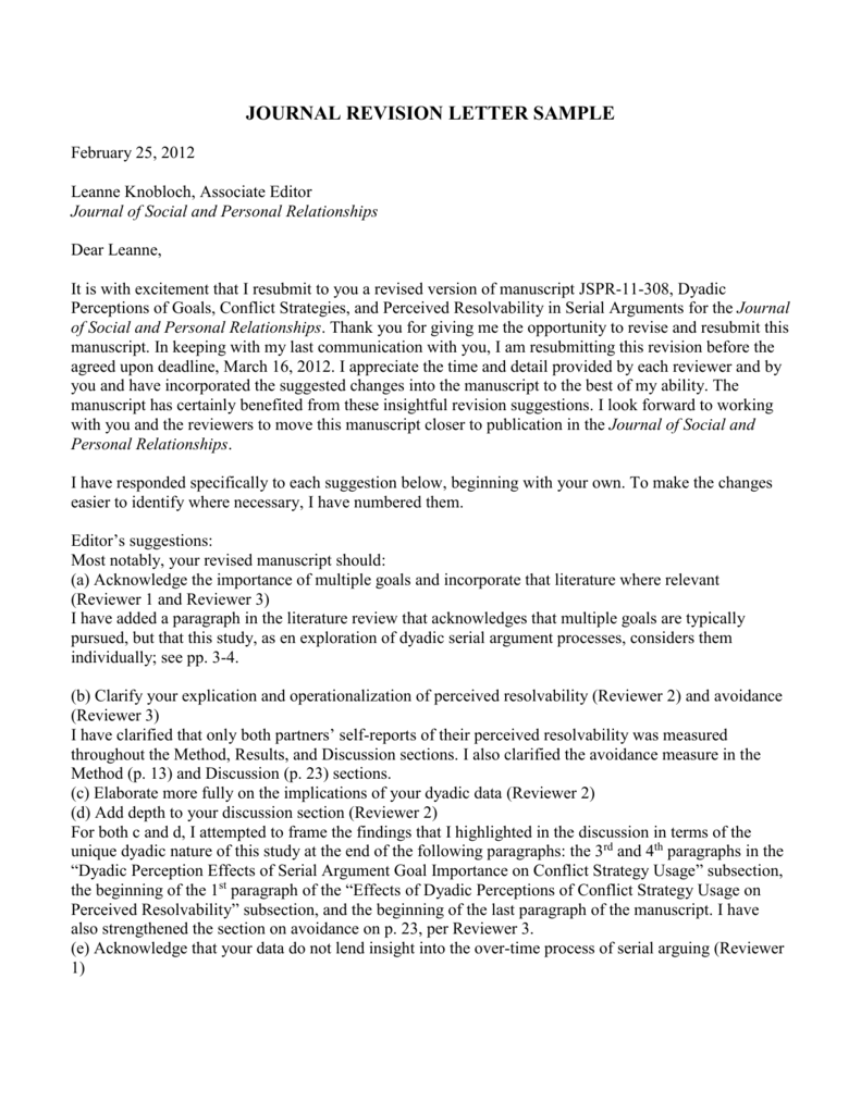Journal Revision Letter Sample