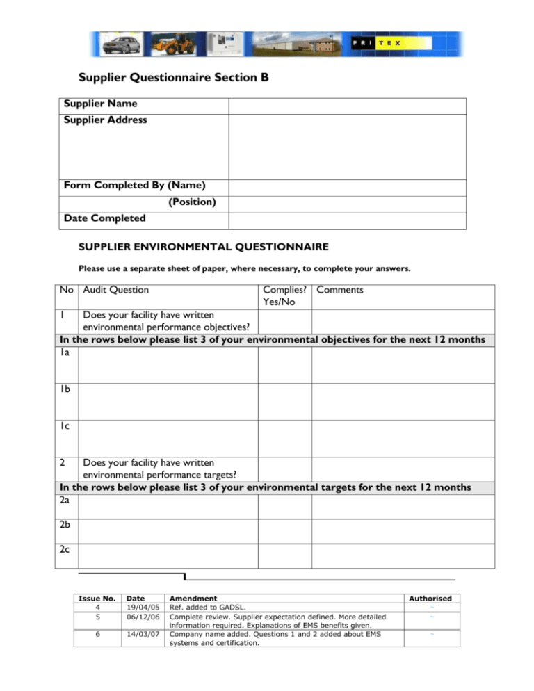 Supplier Appraisal Questionnaire B Environmental Supplier Appraisal Questionnaire B Environmental
