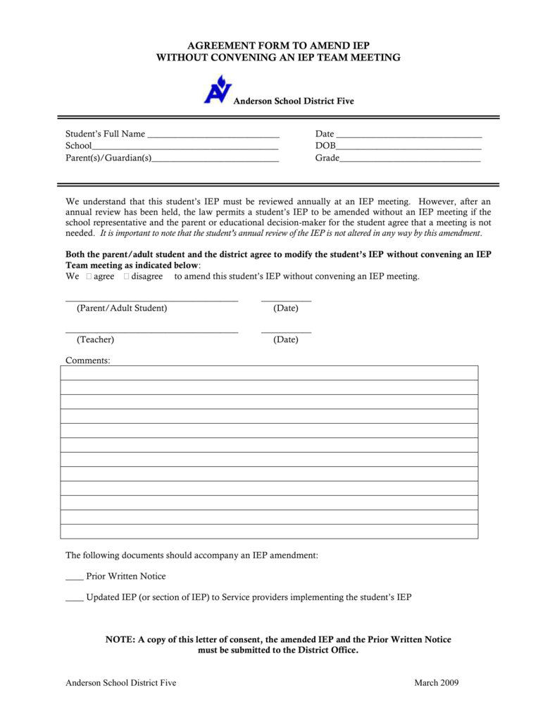AMENDMENT TO THE IEP Anderson School District Five