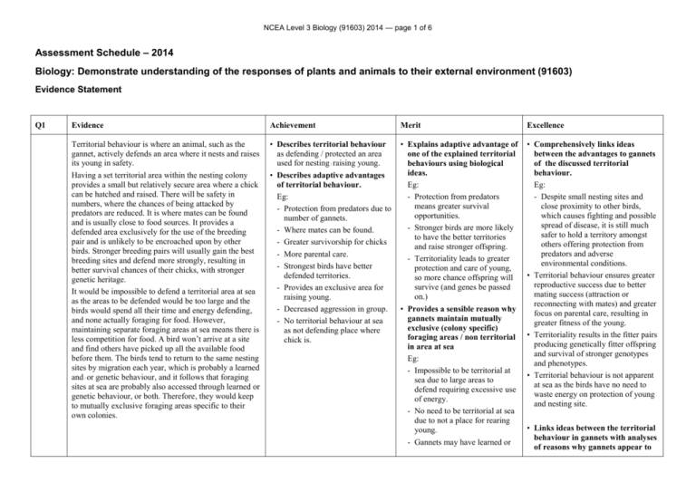NCEA Level 3 Biology 91603 2014 Assessment Schedule