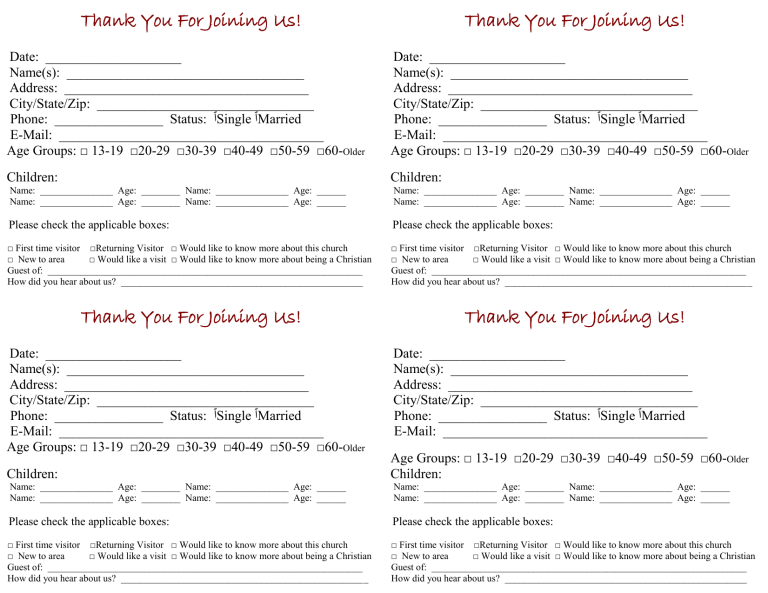 Church Visitor Card Template