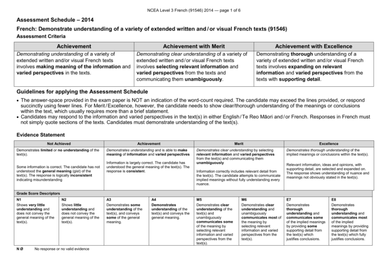 NCEA Level 3 French 91546 2014 Assessment Schedule NCEA Level 3 French 91546 2014 Assessment Schedule