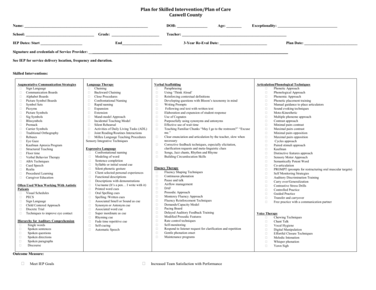 Plan Of Care Skilled Intervention Strategies For Students