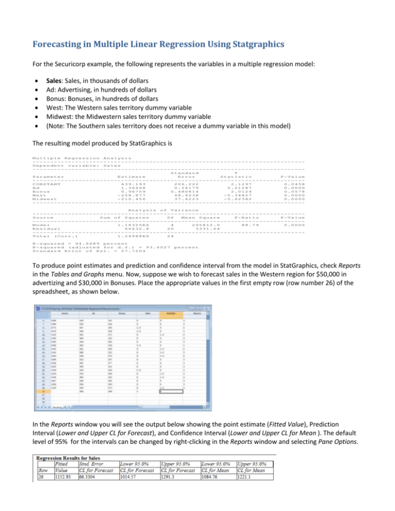 Forecasting In Multiple Linear Regression Using Statgraphics