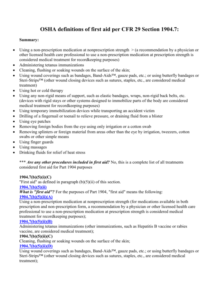 OSHA First Aid Definitions CFR 29 Section 1904 7 OSHA First Aid Definitions CFR 29 Section 1904 7
