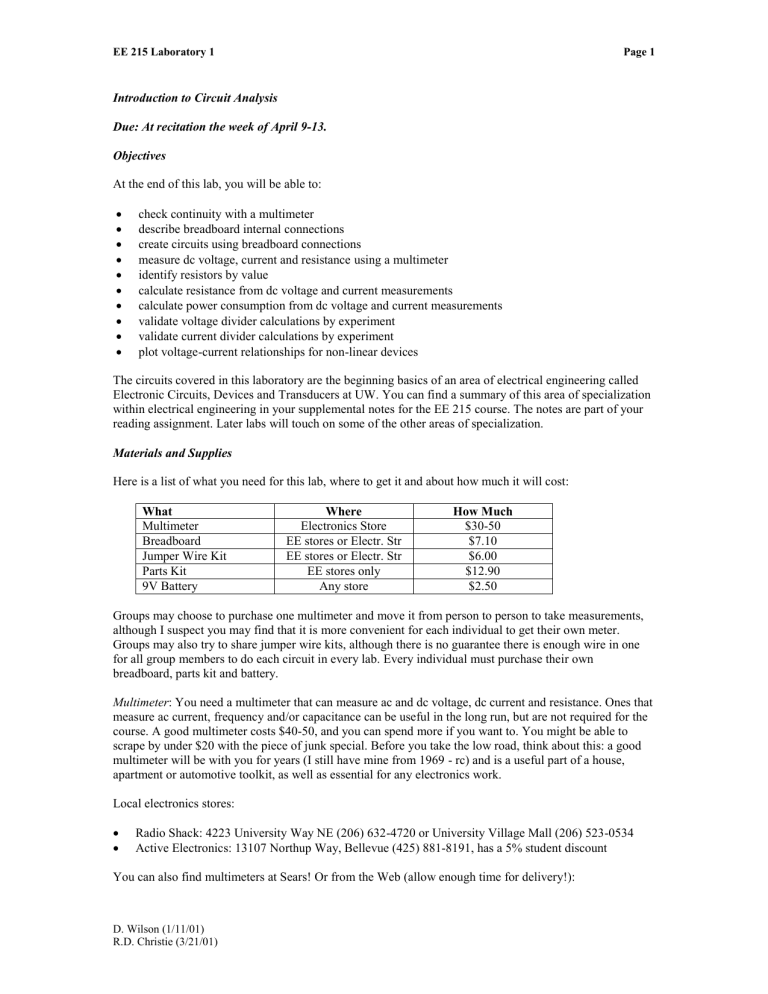 Lab 1: Introduction to Circuit Analysis