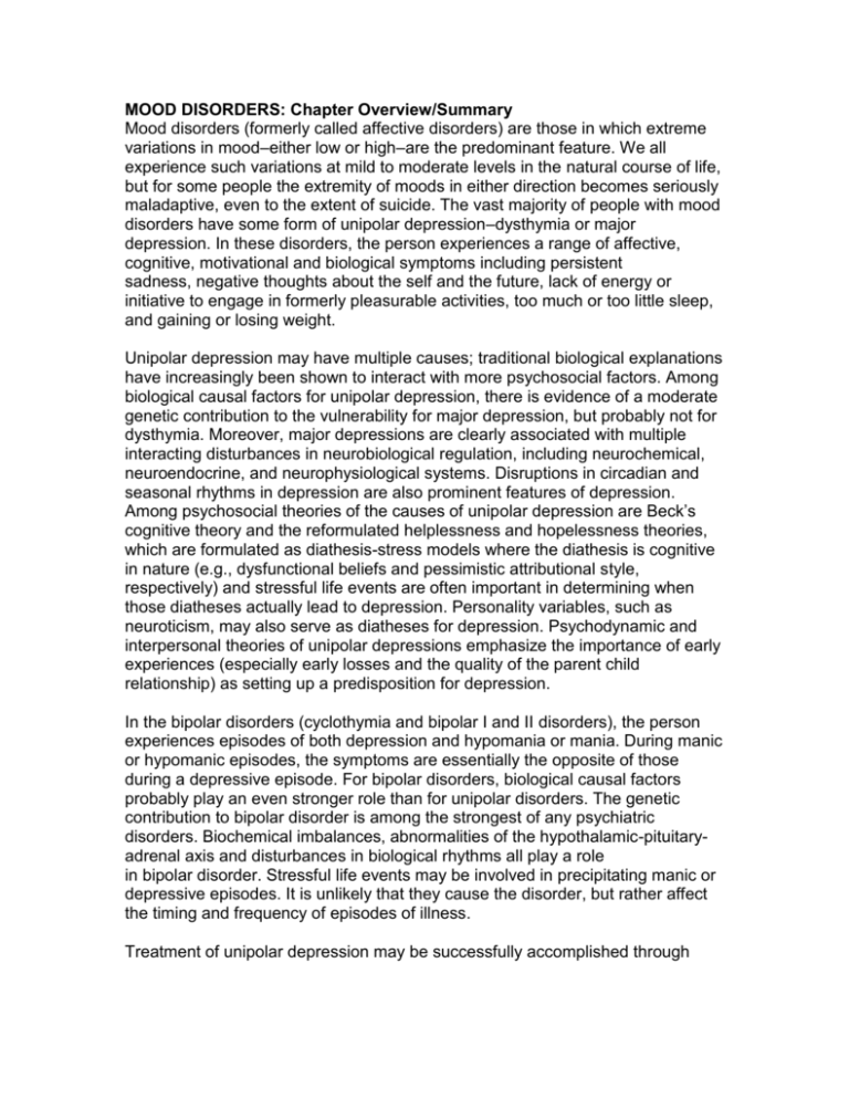 MOOD DISORDERS: Chapter Overview/Summary MOOD DISORDERS: Chapter Overview/Summary