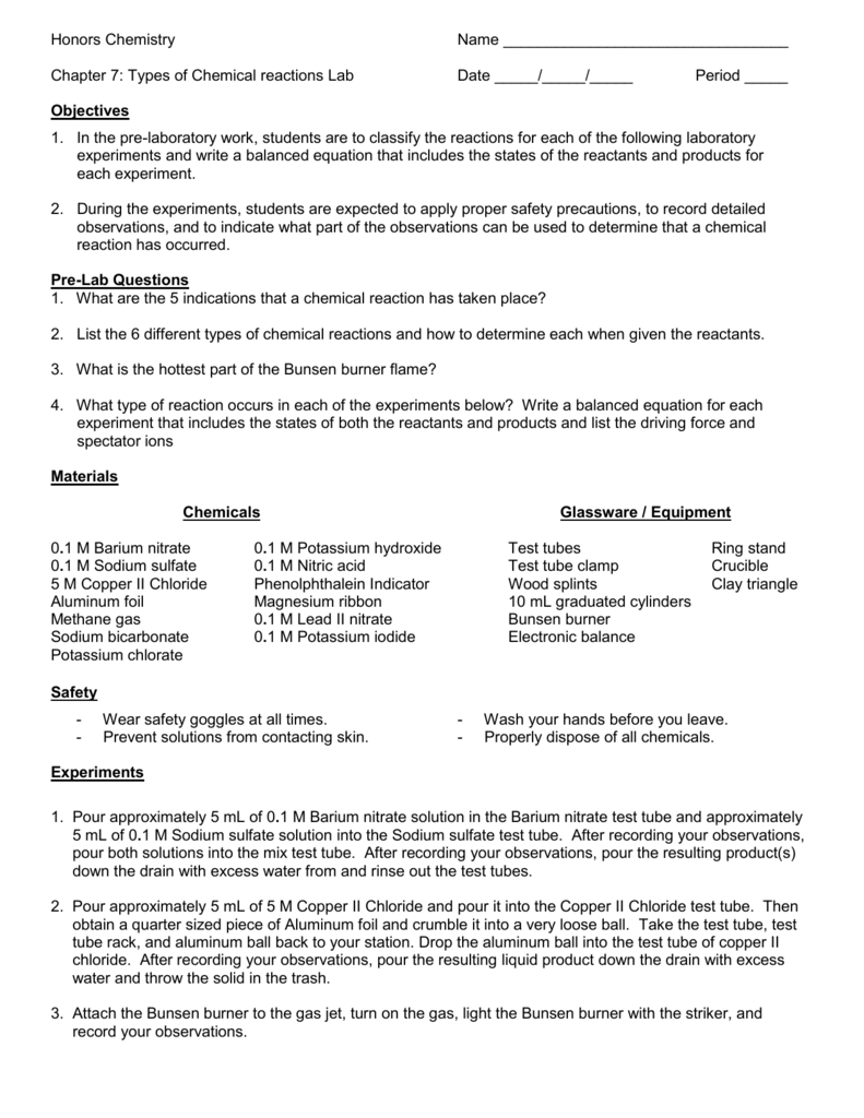 Types Of Chemical Reactions Lab Types Of Chemical Reactions Lab