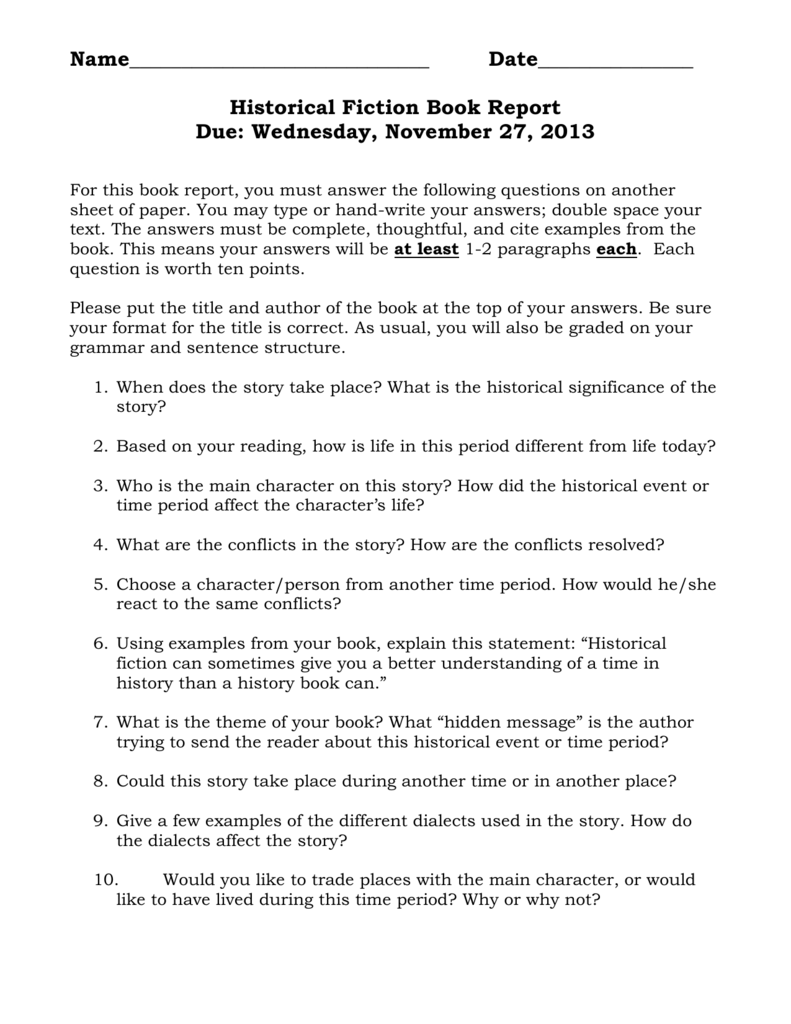 Historical Fiction Book Report Historical Fiction Book Report