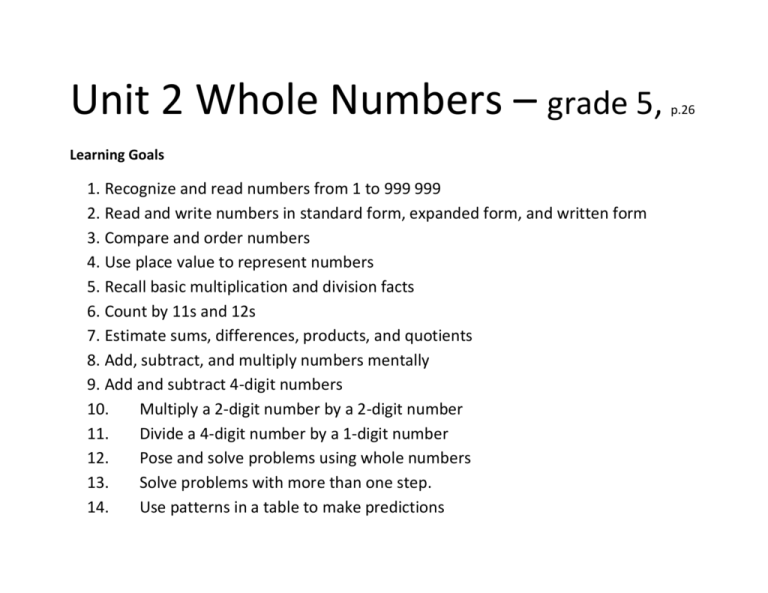Math Unit 2 Gr 5 Whole Numbers Math Unit 2 Gr 5 Whole Numbers