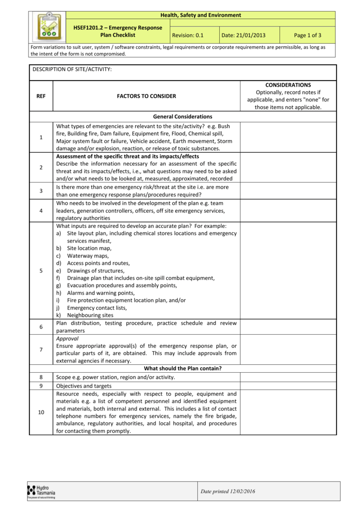 HSEF1201 2 Emergency Response Plan Checklist