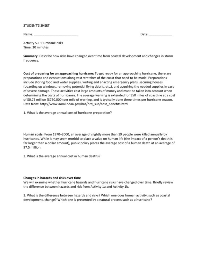 STUDENT S SHEET Name Date Activity 5 1 Hurricane STUDENT S SHEET Name Date Activity 5 1 Hurricane