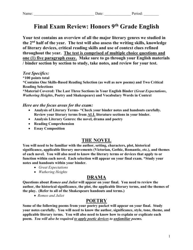 Final Exam Review Honors 9th Grade English