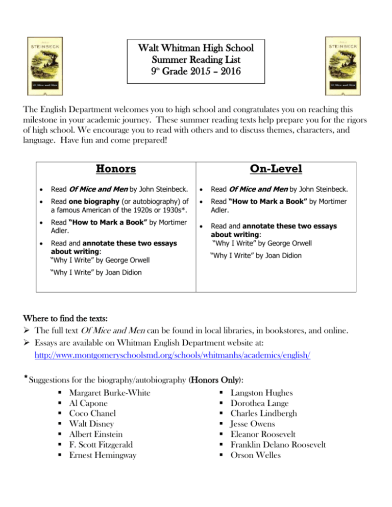 2015 Summer Reading 9th Grade Montgomery County Public 2015 Summer Reading 9th Grade Montgomery County Public