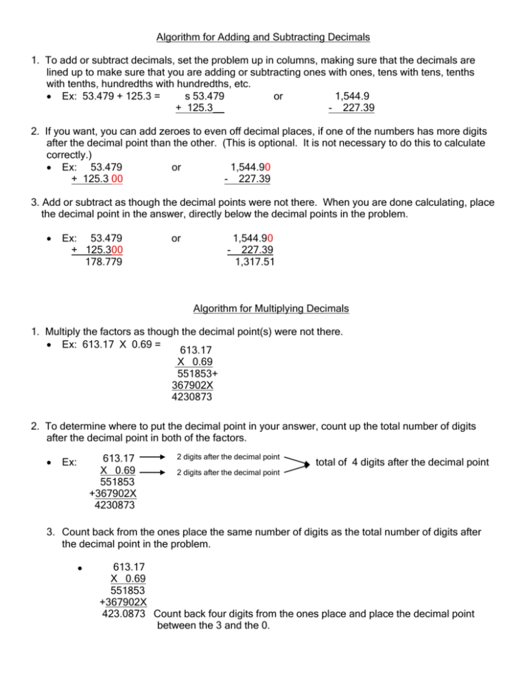 Algorithm For Adding And Subtracting Decimals