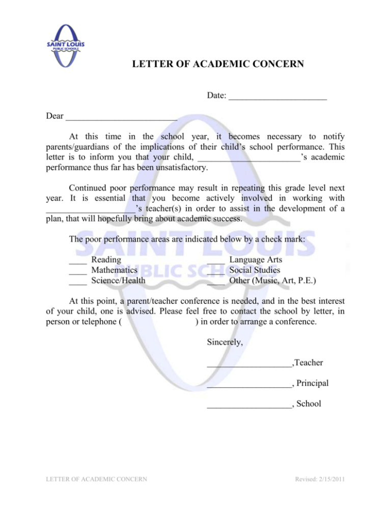 LETTER OF ACADEMIC CONCERN