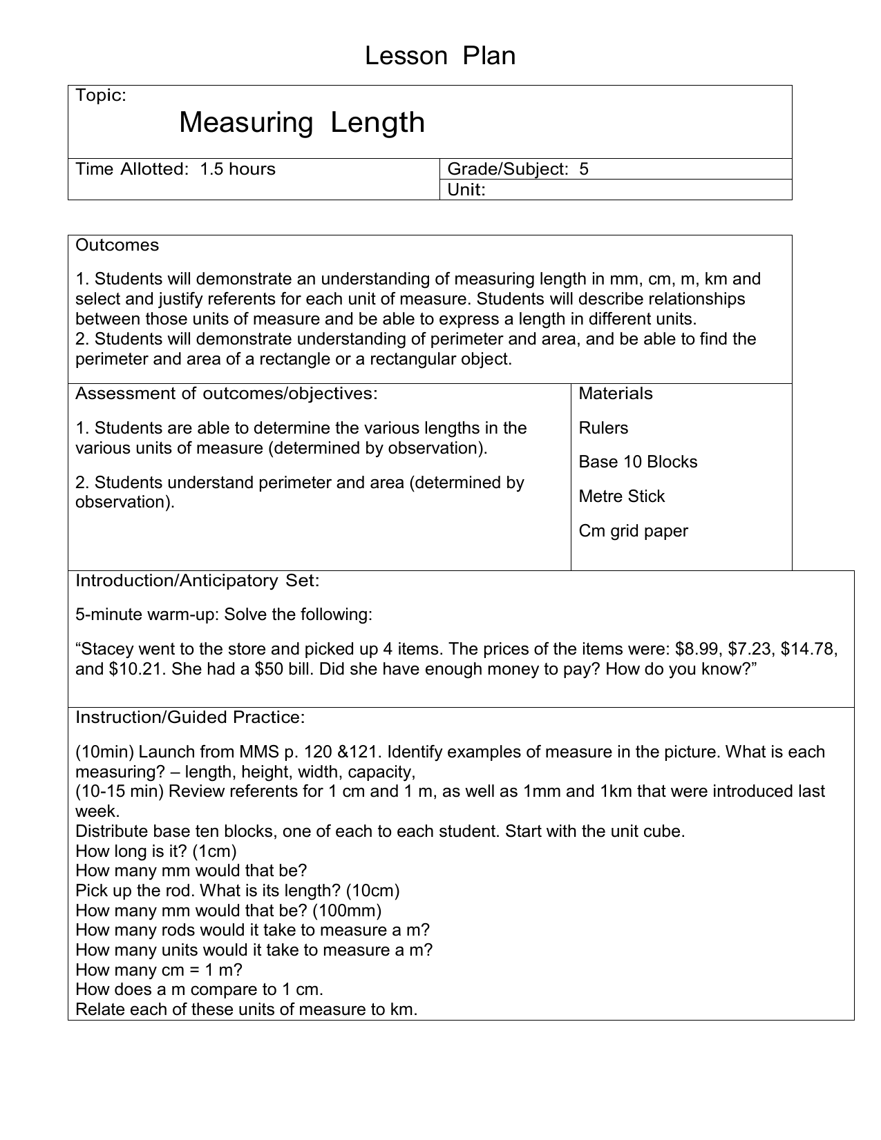 Lesson Plan Topic Measuring Length Time Allotted 1 5 Hours