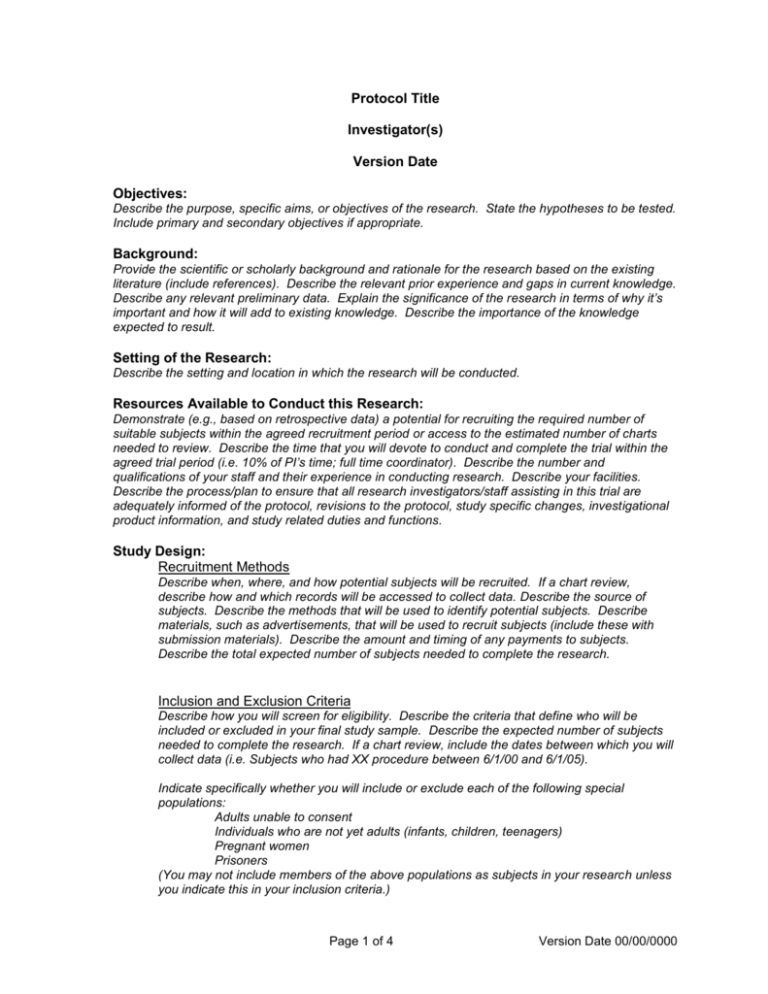 Research Protocol Template Research Protocol Template