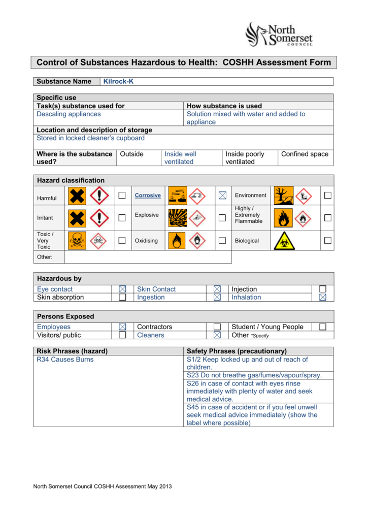 Sample COSHH Assessment North Somerset Council