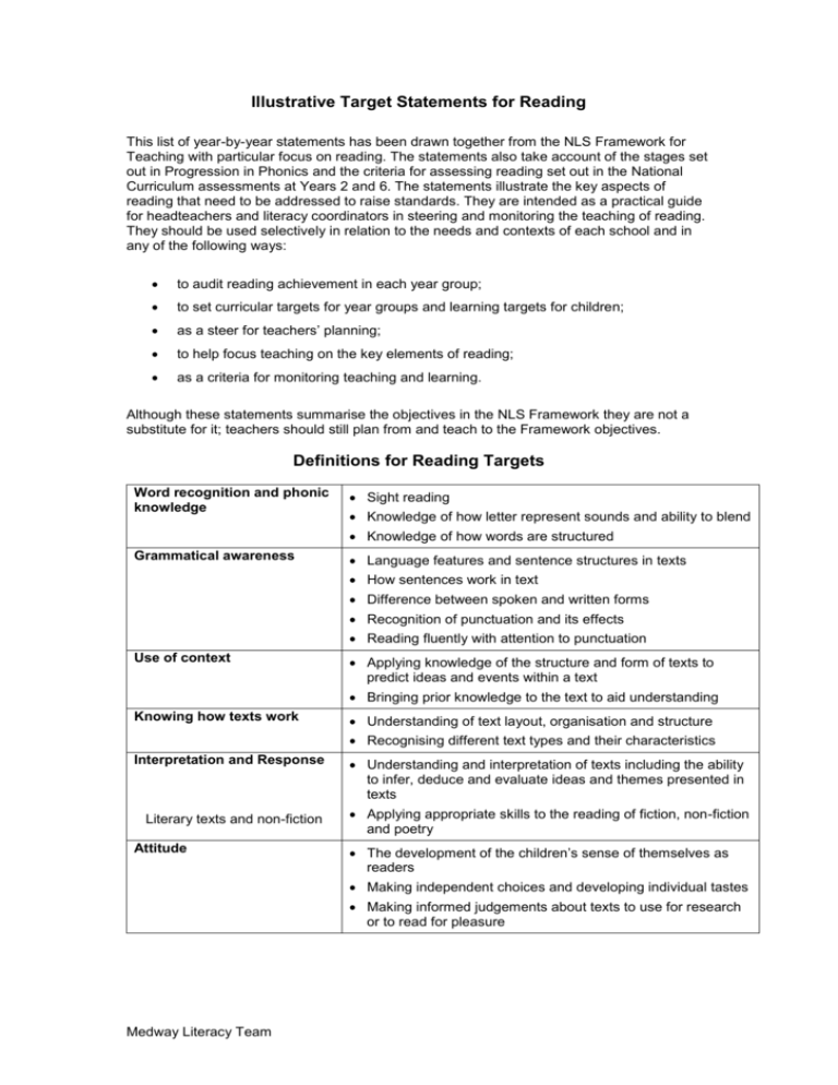 Illustrative Target Statements For Reading Illustrative Target Statements For Reading