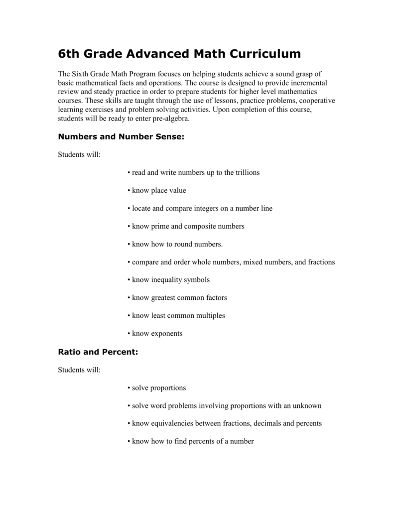 6th Grade Advanced Math Curriculum