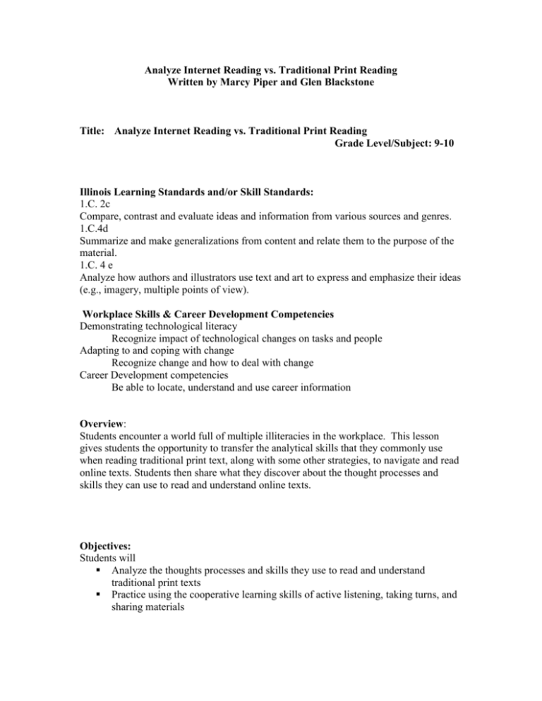 Lesson Plan Format Analyze reading Off-line and On