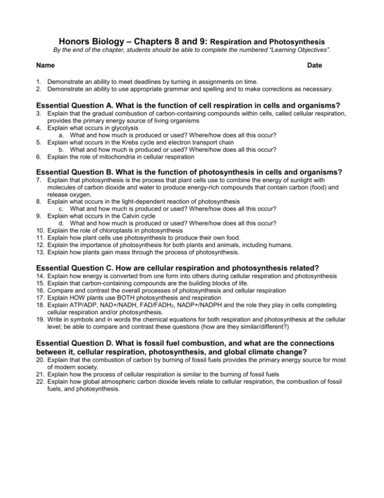 Honors Biology Chapters 8 And 9 Honors Biology Chapters 8 And 9