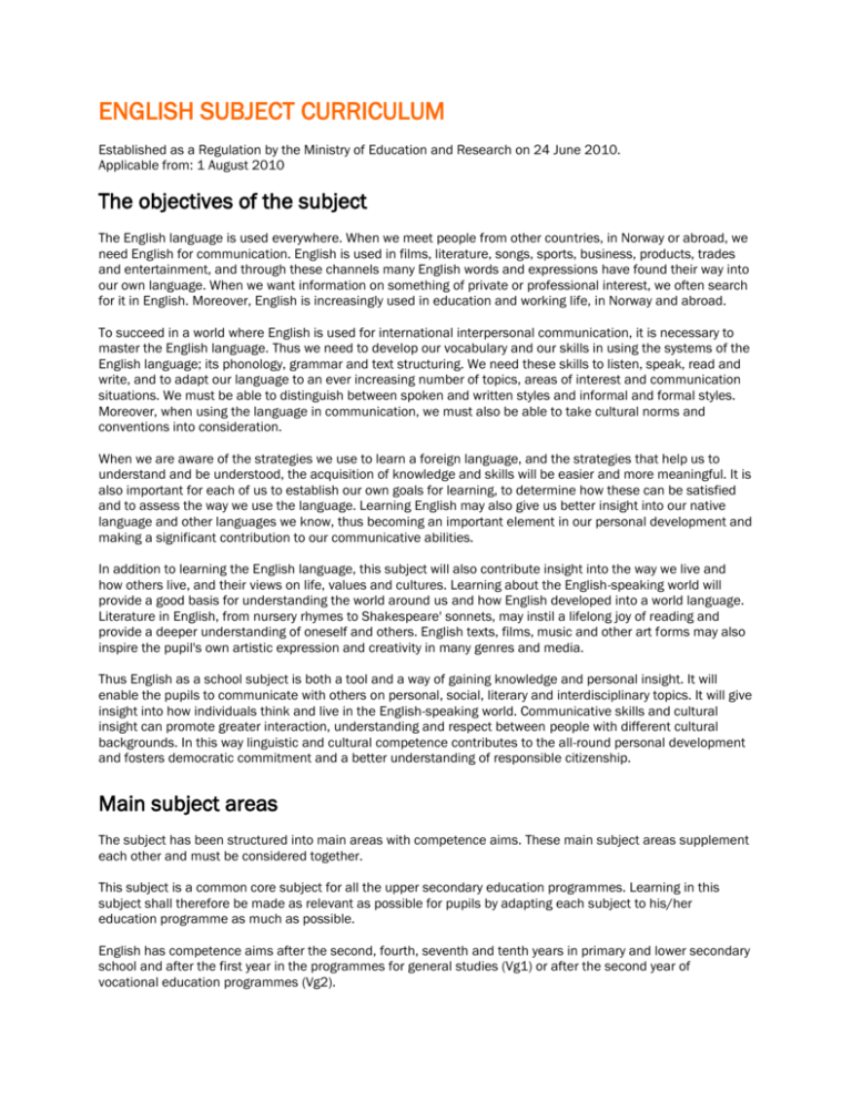 ENGLISH SUBJECT CURRICULUM