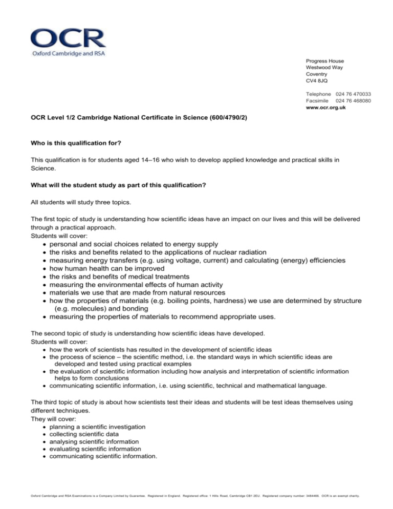 OCR Level 1 2 Cambridge National Certificate In Science 600 4790 OCR Level 1 2 Cambridge National Certificate In Science 600 4790